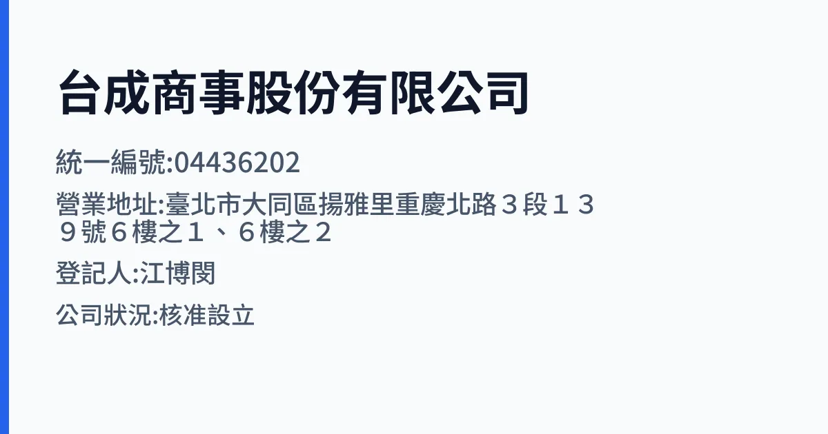 台成商事股份有限公司 - 統編 04436202(臺北市) 公司登記資料與營業項目詳細圖表