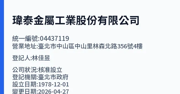 瑋泰金屬工業股份有限公司的照片-統編 04437119(臺北市) 公司登記資料與營業項目詳細圖表