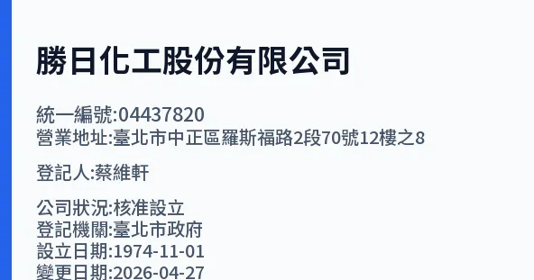 勝日化工股份有限公司的照片-統編 04437820(臺北市) 公司登記資料與營業項目詳細圖表