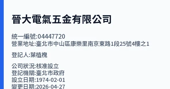 晉大電氣五金有限公司的照片-統編 04447720(臺北市) 公司登記資料與營業項目詳細圖表