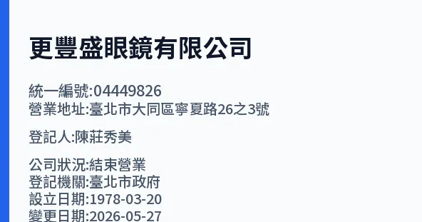 更豐盛眼鏡有限公司的照片-統編 04449826(臺北市) 公司登記資料與營業項目詳細圖表