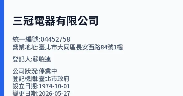 三冠電器有限公司的照片-統編 04452758(臺北市) 公司登記資料與營業項目詳細圖表