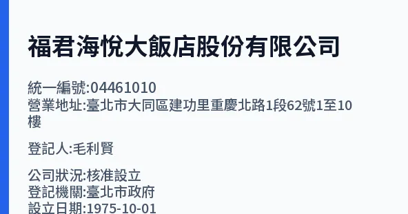 福君海悅大飯店股份有限公司的照片-統編 04461010(臺北市) 公司登記資料與營業項目詳細圖表