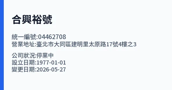 合興裕號的照片-統編 04462708(臺北市) 公司登記資料與營業項目詳細圖表