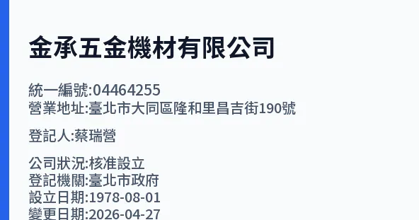 金承五金機材有限公司的照片-統編 04464255(臺北市) 公司登記資料與營業項目詳細圖表