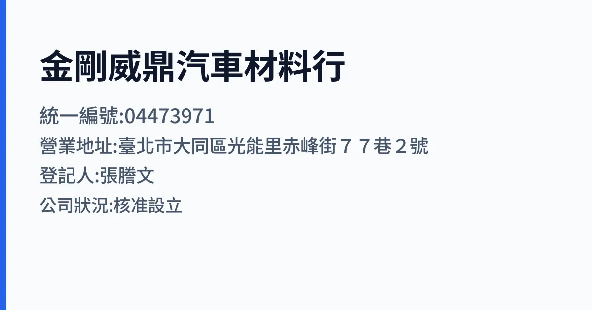 金剛威鼎汽車材料行 - 統編 04473971(臺北市) 公司登記資料與營業項目詳細圖表