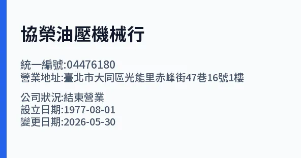 協榮油壓機械行的照片-統編 04476180(臺北市) 公司登記資料與營業項目詳細圖表