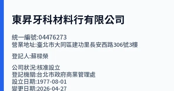 東昇牙科材料行有限公司的照片-統編 04476273(臺北市) 公司登記資料與營業項目詳細圖表