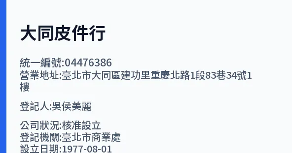 大同皮件行的照片-統編 04476386(臺北市) 公司登記資料與營業項目詳細圖表