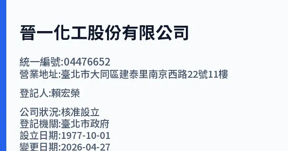晉一化工股份有限公司的照片-統編 04476652(臺北市) 公司登記資料與營業項目詳細圖表