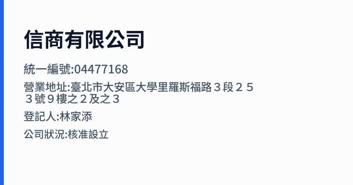 信商有限公司 - 統編 04477168(臺北市) 公司登記資料與營業項目詳細圖表