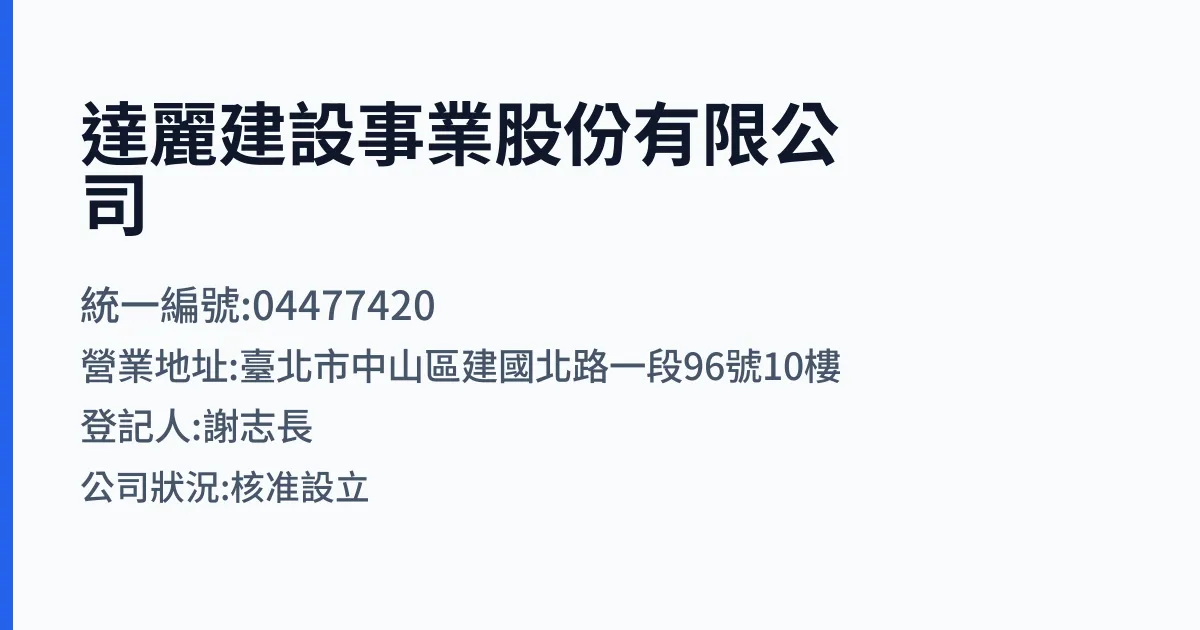 達麗建設事業股份有限公司 - 統編 04477420(臺北市) 公司登記資料與營業項目詳細圖表