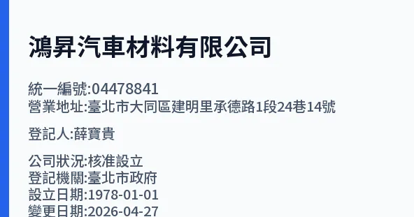 鴻昇汽車材料有限公司的照片-統編 04478841(臺北市) 公司登記資料與營業項目詳細圖表