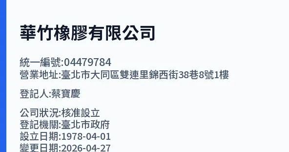 華竹橡膠有限公司的照片-統編 04479784(臺北市) 公司登記資料與營業項目詳細圖表