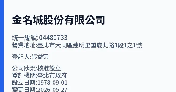 金名城股份有限公司的照片-統編 04480733(臺北市) 公司登記資料與營業項目詳細圖表