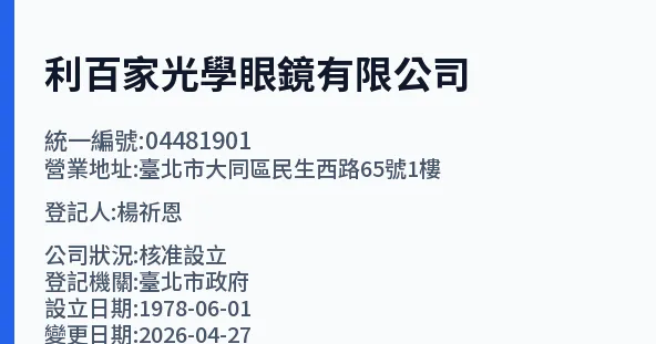 利百家光學眼鏡有限公司的照片-統編 04481901(臺北市) 公司登記資料與營業項目詳細圖表