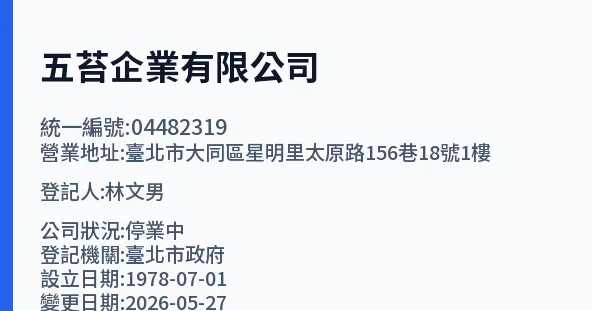 五苔企業有限公司的照片-統編 04482319(臺北市) 公司登記資料與營業項目詳細圖表