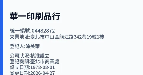 華一印刷品行的照片-統編 04482872(臺北市) 公司登記資料與營業項目詳細圖表