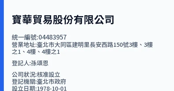 寶華貿易股份有限公司的照片-統編 04483957(臺北市) 公司登記資料與營業項目詳細圖表
