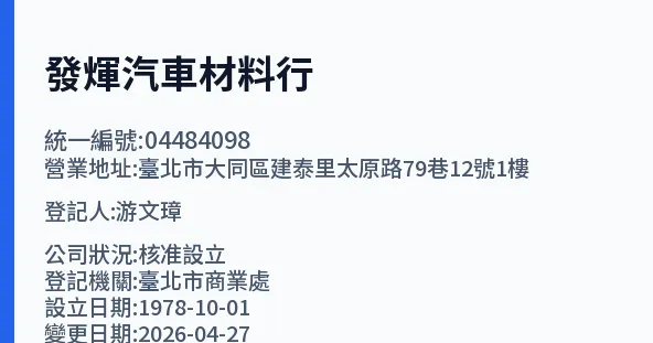 發煇汽車材料行的照片-統編 04484098(臺北市) 公司登記資料與營業項目詳細圖表