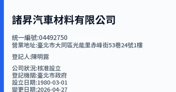 諸昇汽車材料有限公司的照片-統編 04492750(臺北市) 公司登記資料與營業項目詳細圖表