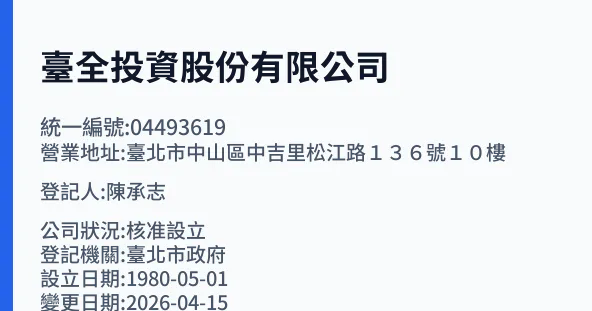 臺全投資股份有限公司的照片-統編 04493619(臺北市) 公司登記資料與營業項目詳細圖表