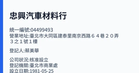 忠興汽車材料行的照片-統編 04499493(臺北市) 公司登記資料與營業項目詳細圖表