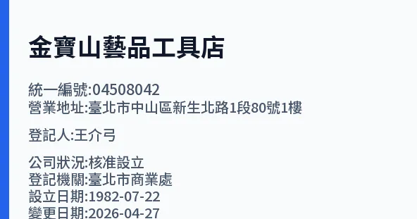 金寶山藝品工具店的照片-統編 04508042(臺北市) 公司登記資料與營業項目詳細圖表