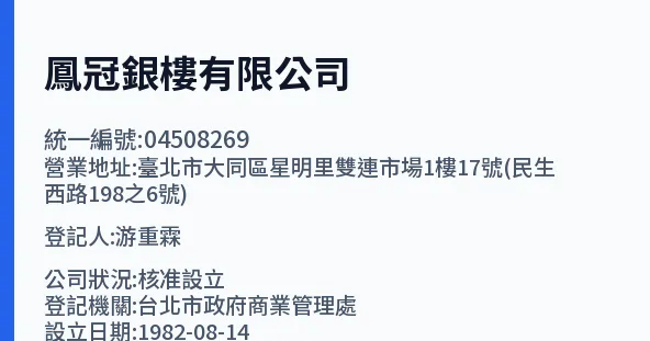 鳳冠銀樓有限公司的照片-統編 04508269(臺北市) 公司登記資料與營業項目詳細圖表