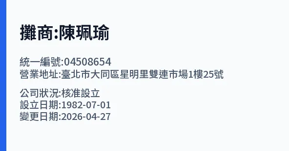 攤商:陳珮瑜的照片-統編 04508654(臺北市) 公司登記資料與營業項目詳細圖表
