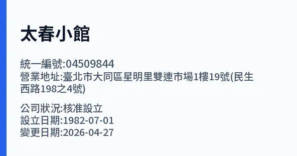太春小館的照片-統編 04509844(臺北市) 公司登記資料與營業項目詳細圖表