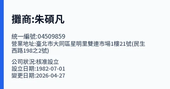 攤商:朱碩凡的照片-統編 04509859(臺北市) 公司登記資料與營業項目詳細圖表