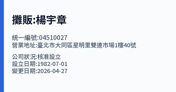 攤販:楊宇章的照片-統編 04510027(臺北市) 公司登記資料與營業項目詳細圖表