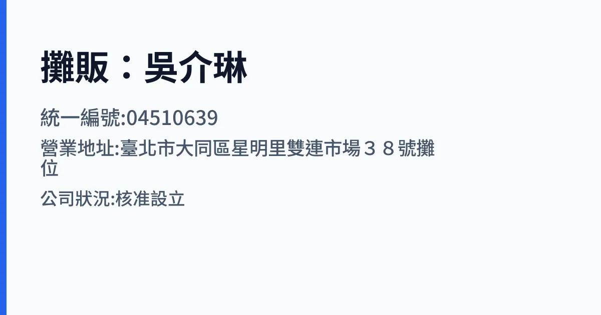 攤販：吳介琳 - 統編 04510639(臺北市) 公司登記資料與營業項目詳細圖表