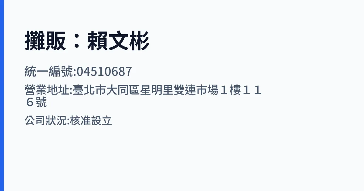 攤販：賴文彬 - 統編 04510687(臺北市) 公司登記資料與營業項目詳細圖表