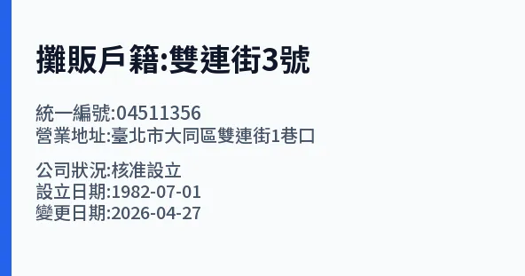 攤販戶籍:雙連街3號的照片-統編 04511356(臺北市) 公司登記資料與營業項目詳細圖表