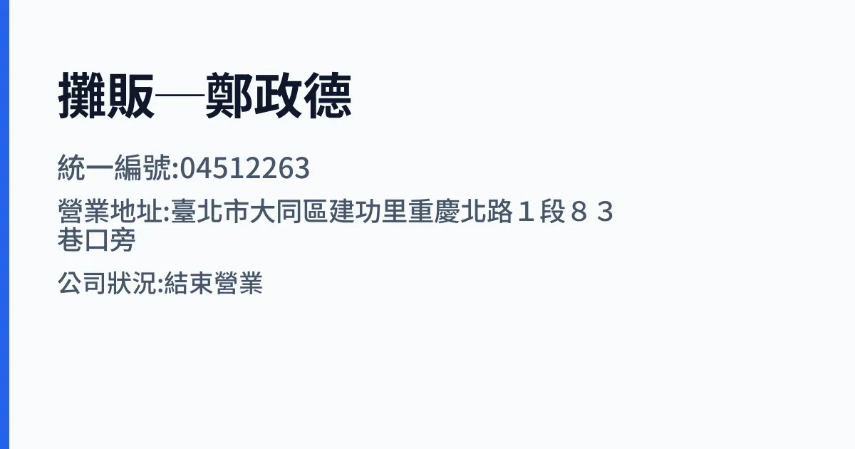 攤販─鄭政德 - 統編 04512263(臺北市) 公司登記資料與營業項目詳細圖表