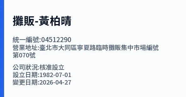 攤販-黃柏晴的照片-統編 04512290(臺北市) 公司登記資料與營業項目詳細圖表