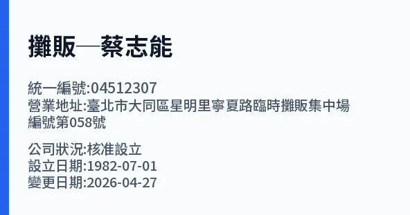 攤販─蔡志能的照片-統編 04512307(臺北市) 公司登記資料與營業項目詳細圖表