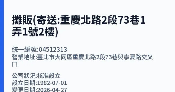 攤販(寄送:重慶北路2段73巷1弄1號2樓)的照片-統編 04512313(臺北市) 公司登記資料與營業項目詳細圖表