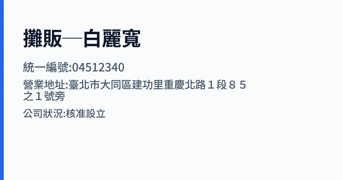 攤販─白麗寬 - 統編 04512340(臺北市) 公司登記資料與營業項目詳細圖表