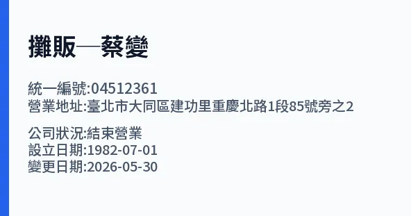 攤販─蔡變的照片-統編 04512361(臺北市) 公司登記資料與營業項目詳細圖表