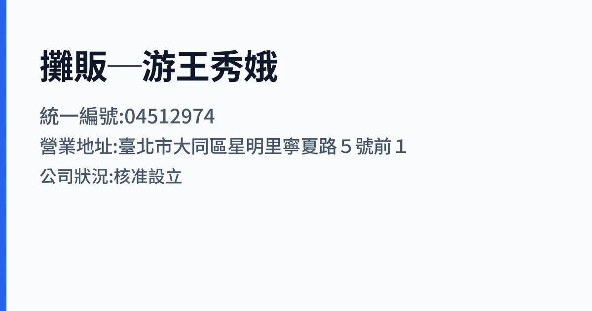 攤販─游王秀娥 - 統編 04512974(臺北市) 公司登記資料與營業項目詳細圖表