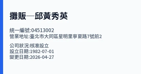攤販─邱黃秀英的照片-統編 04513002(臺北市) 公司登記資料與營業項目詳細圖表