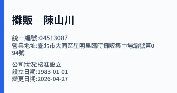 攤販─陳山川的照片-統編 04513087(臺北市) 公司登記資料與營業項目詳細圖表