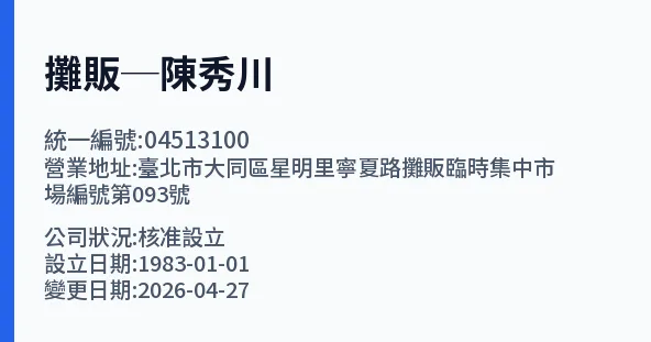 攤販─陳秀川的照片-統編 04513100(臺北市) 公司登記資料與營業項目詳細圖表