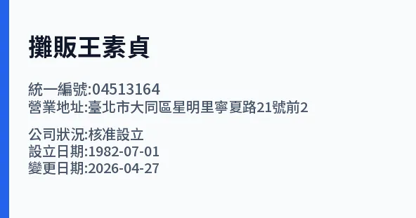 攤販王素貞的照片-統編 04513164(臺北市) 公司登記資料與營業項目詳細圖表