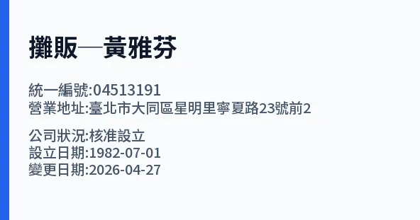 攤販─黃雅芬的照片-統編 04513191(臺北市) 公司登記資料與營業項目詳細圖表