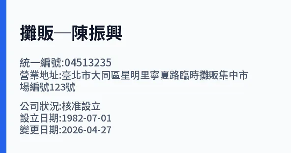 攤販─陳振興的照片-統編 04513235(臺北市) 公司登記資料與營業項目詳細圖表