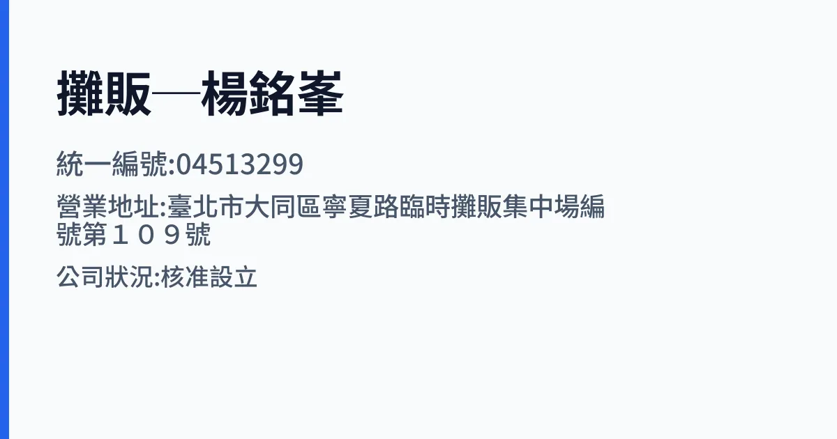 攤販─楊銘峯 - 統編 04513299(臺北市) 公司登記資料與營業項目詳細圖表